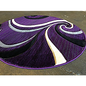 Contempo Modern Round Area Rug Swirl Purple Grey & Black Design 344 (7 feet 3 inches X7 feet 3 inches Round)