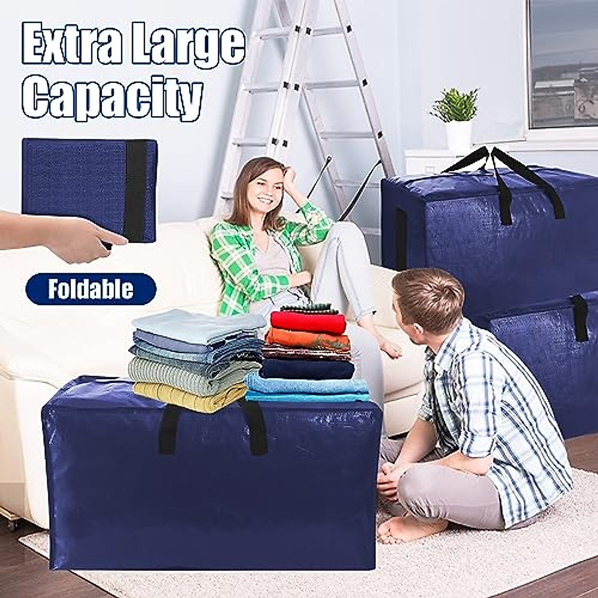 SWEET DOLPHIN 6 Pack Extra Large Moving Bags with Strong Zippers & Carrying Handles, Heavy Duty Storage Tote for Space Saving Moving Storage, Fold Flat, Alternative to Moving Box (Navy Blue)
