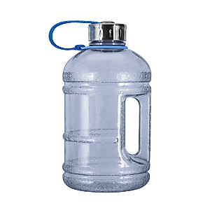 Geo Sports Bottles 1/2 Gallon (64 oz) BPA Free Reusable Leakproof Wide Mouth Sports Water Jug Bottle with Handle and 48mm Stainless Steel Cap (Natural Blue)