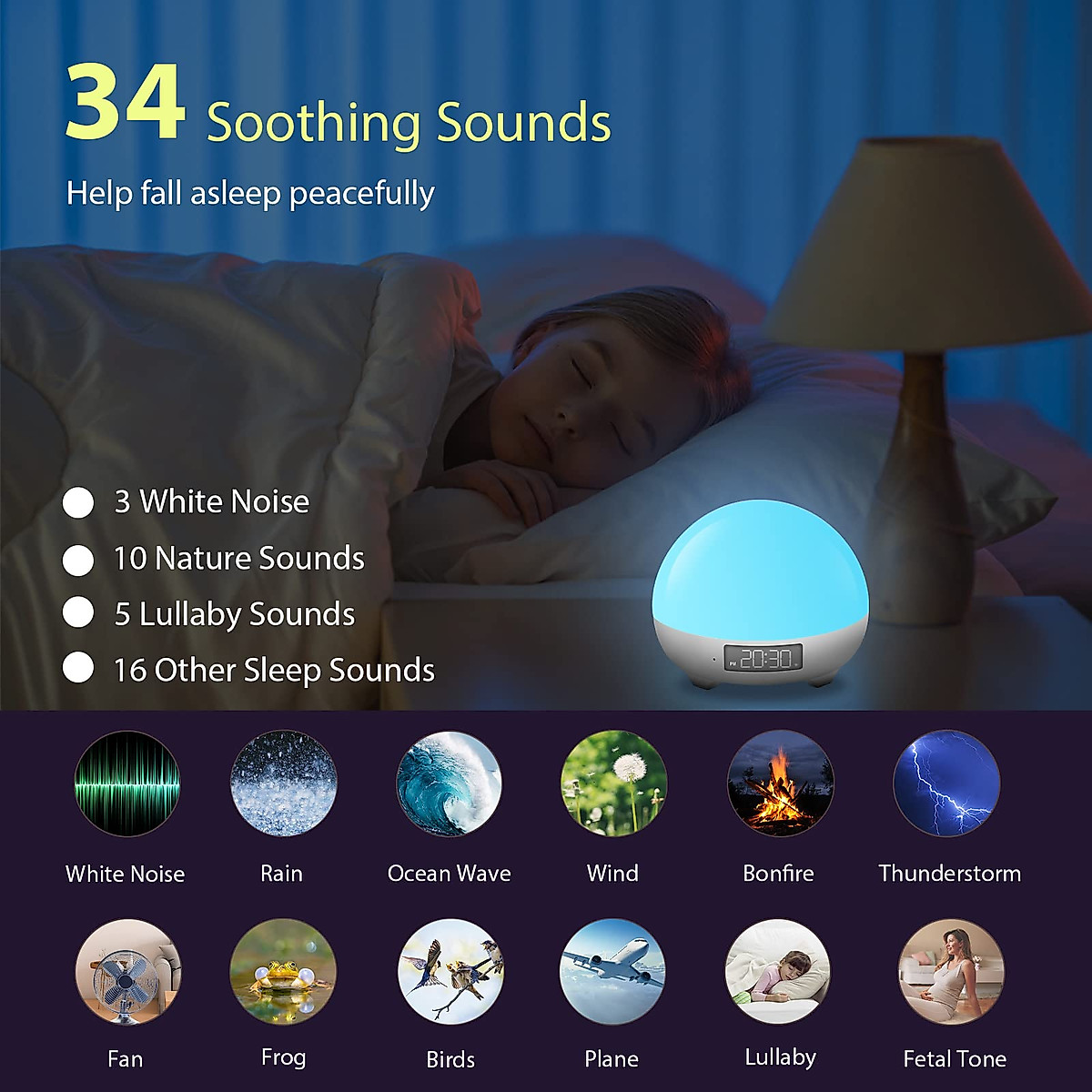 Panamalar Smart Sound Machine 2 in 1 WiFi White Noise Machine with Night Light 16 Million Colors for Baby Adults Kids, 34 Soothing Sound Sleeping Maker with Baby Cry Detection/Alexa/App/Dimming/Timer