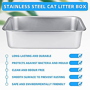 Zhehao 3 Pcs Stainless Steel Cat Litter Box with 3 Pcs Wood Handle Cat Litter Scoop, 15.8 x 11.8 x 3.9 Inch Metal Litter Box Rustproof Non Stick Cat Pan with Deep Cat Scooper for Bunny Kitten Kitty