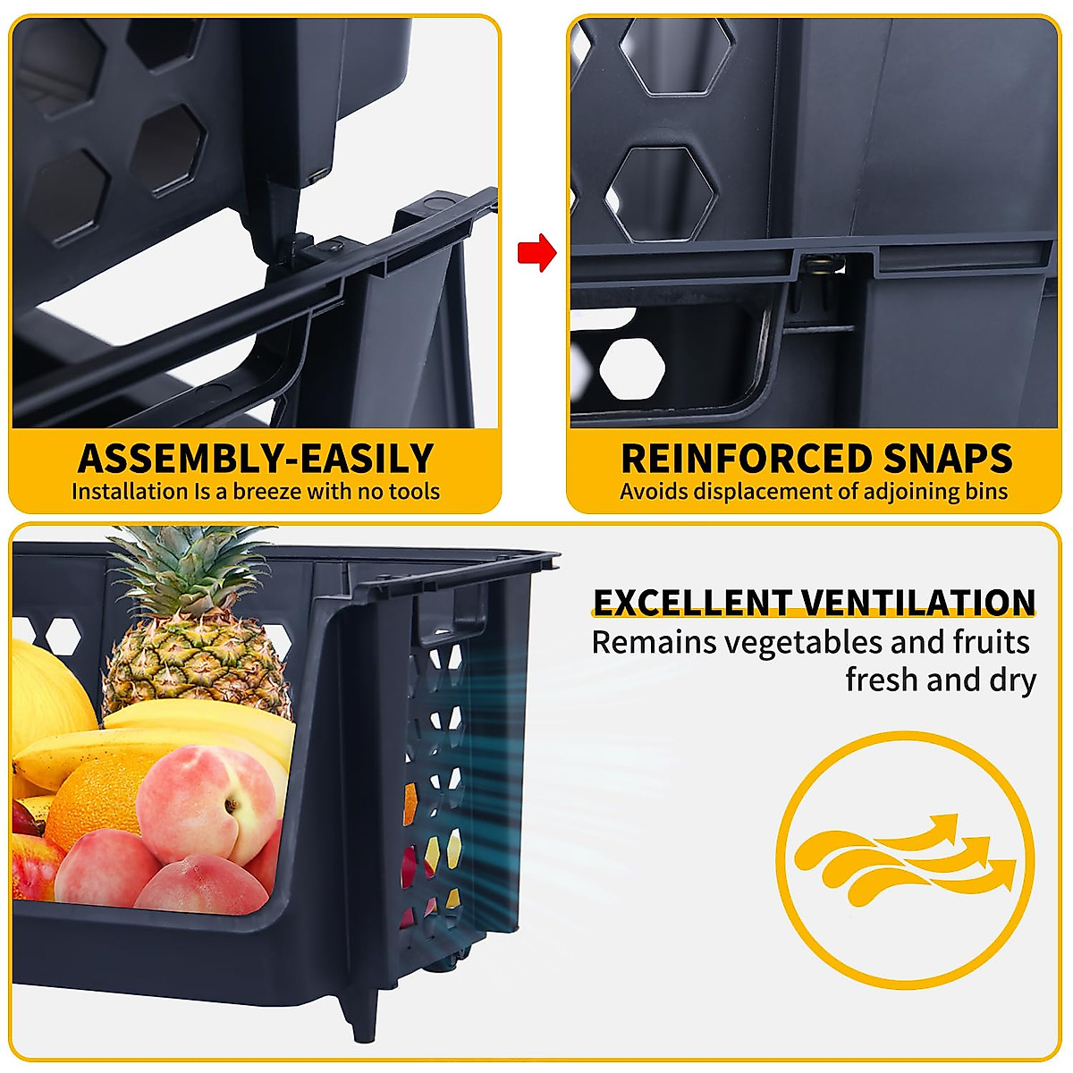 SAglorb Large Plastic Containers for Organizing and Stackable Storage Bins for Kitchen, Pantry Organization,Office or Bathroom,11.22-Inch x 7.68-Inch x 7.28-Inch 4-Pack,Black