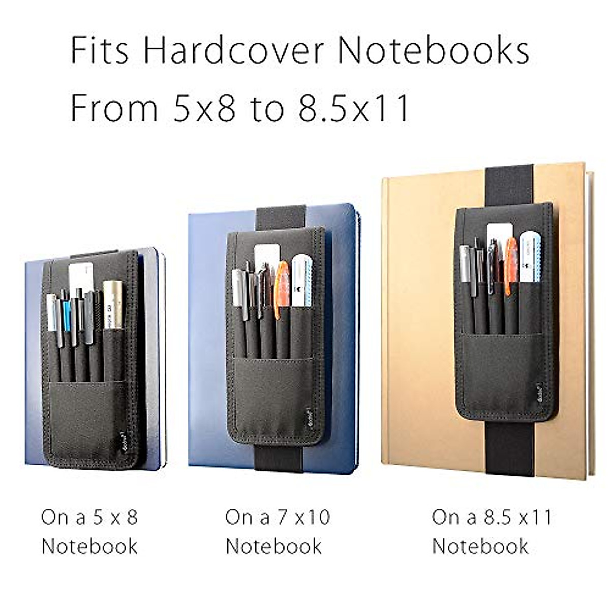 Pen Holder, Pencil Holder, Pen Sleeve Case for Hard Cover Journals, Notebooks, Books, Binders, Hold Multi Pens Pencils Rulers Durable Fabrics, Detachable, Elastic Band. Black.