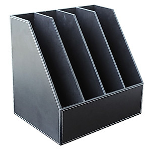 KINGFOM 4-Slot Wood Leather Document Files Holder Rack Stand Desk Files Organizer Papers Collection Cabinet (4 Slot Black)