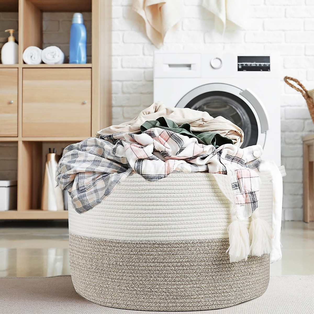 Blanket Basket Living Room, 20"x13" Woven Baskets for Blanket Toy Storage, Cotton Rope Basket for Organizing, Large Laundry Basket for Living Room, Nursery, Pillows, Baby Toy chest