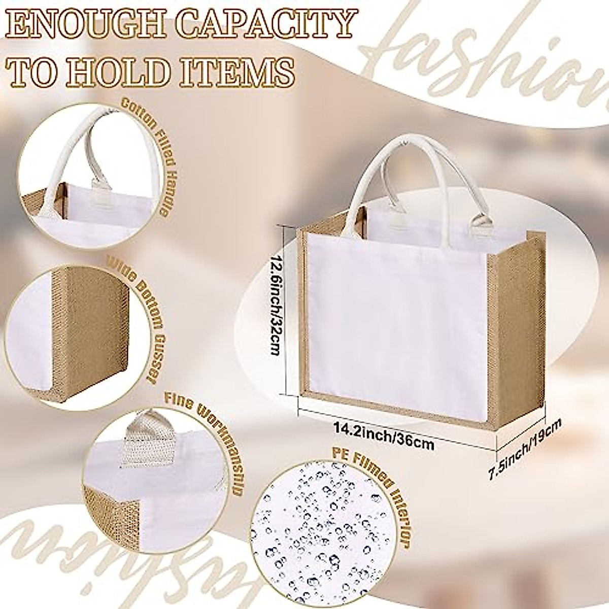 Silkfly 30PCS Burlap Tote Bag Bulk Laminated Interior Jute Tote Bag with Handle Large Reusable Grocery Bags Blank Beach Tote Teacher Bridesmaid Wedding DIY Gift Bag, 14.2 x 12.6 x 7.5 in (White, Jute)