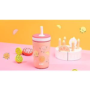 Zak Designs Kelso Tumbler Toddler Cup For Travel or At Home, 12oz Vacuum Insulated Stainless Steel Sippy Cup With Leak-Proof Design is Perfect For Kids (Happy Fruit)