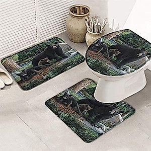 3 Pieces Bathroom Rug Set Rustic Black Family Bears and Cubs 20x32in Non-Slip Absorbent Bathroom Rug 16x20in U-Shape Contoured Toilet Mat Wild Animal Forest 16x18in Toilet Lid Cover for Bathroom