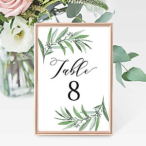 1-25 Greenery Eucalyptus Table Number Double Sided Signs For Wedding Reception, Restaurant Birthday Party Calligraphy Printed Numbered Card Centerpiece Decoration Setting Reusable Frame Stand 4x6 Size