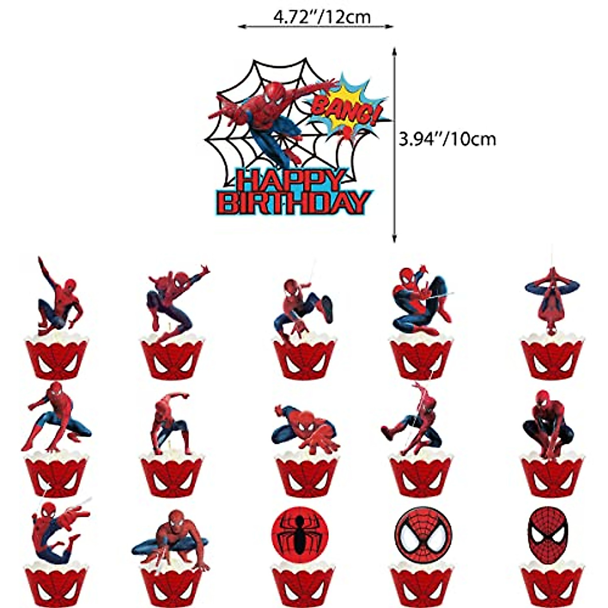43PCS Spider Birthday Decorations - Spider Theme Party Supplies for Kids Boys with Happy Birthday Banner, Cake Topper, 24 Latex Balloons, 15 Cupcake Toppers