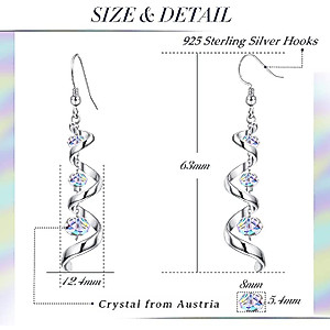 PATISORNA 925 Sterling Silver Austria Crystal Eardrop Dangle Earrings for Women Spiral Ribbon Multi Teardrop Drop Dangly Earrings Sparkly Long Dangle Earrings Jewelry Gifts for Her Silver