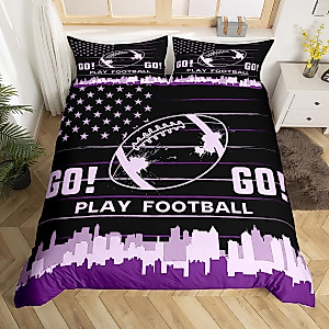 Feelyou Football Bedding Set Full Size American Flag Sports Duvet Cover Set for Kids Boys Girls Teens Toddler Black Purple Comforter Cover Set Rugby Ball Game Bedspread Cover 3Pcs Zipper