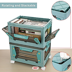 BTSKY 2 Pack Plastic 4 Doors Stackable Folding Box with Lid Wheels (Orange)