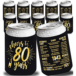 Henghere 80th Birthday Decorations for Men Women, 80th Birthday Party Supplies, Vintage - Eighty Birthday Party Beverage Can Cooler Sleeves, 12-Pack (Black & Gold)