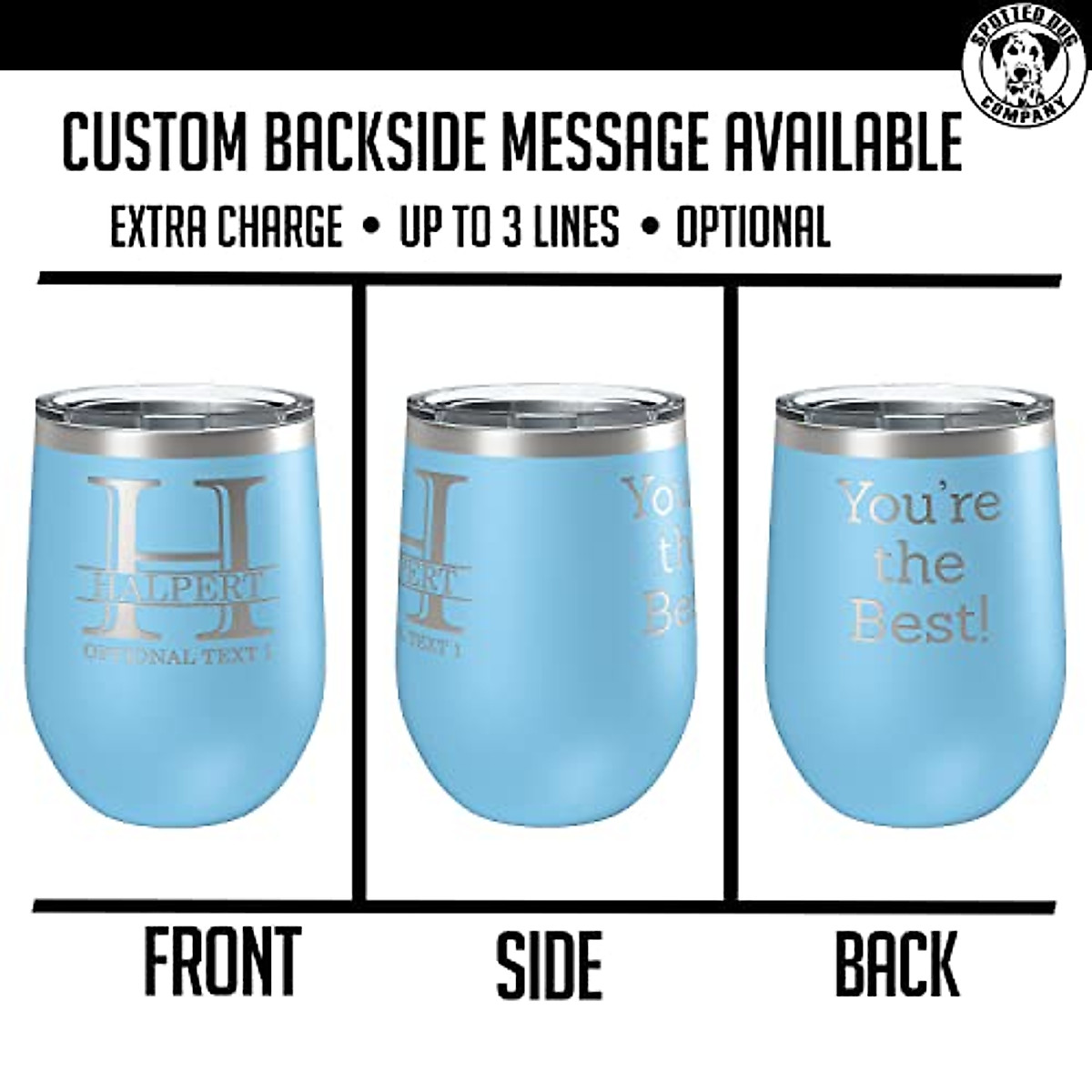 Personalized 12oz (17 Colors) Powder Coated Stainless Steel Stemless Wine Tumbler with Lid, Custom Etched, Customized Gift for Women Her, Wine Lover, Halpert Monogram Initial Name (Light Blue)