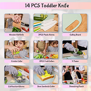 14-Piece Montessori Kitchen Tools Kids Knife Set with Gloves, Cutting Board, Fruit & Vegetable Crinkle Cutters, Safe Serrated Edges, and Plastic Toddler Knives for Real Cooking Experience - Monkey