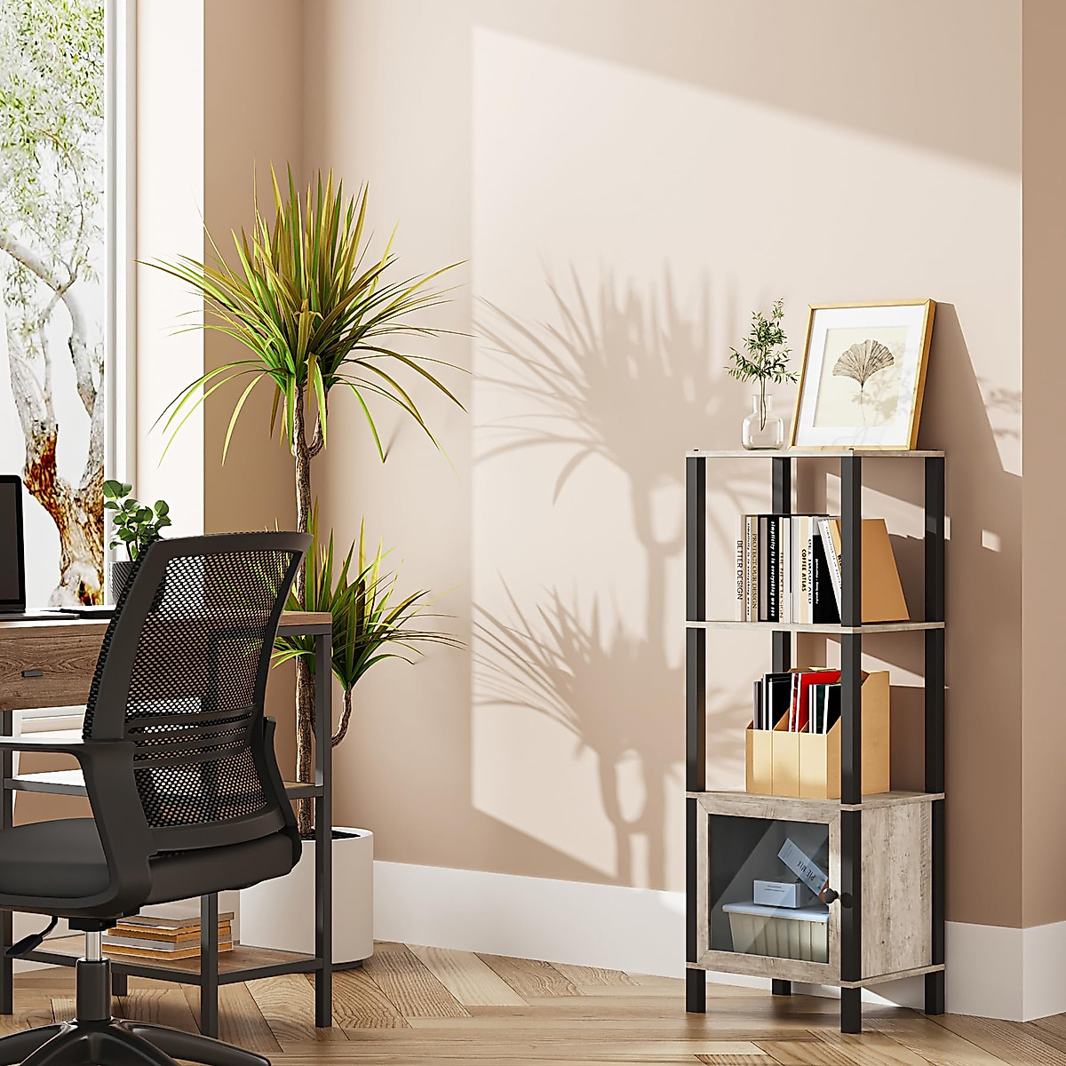 TUTOTAK 4 Tier Bookcase and Bookshelf, Narrow Book Shelf with Door for Small Space, for Living Room, Office, Study, Entryway, Greige BS03BG004