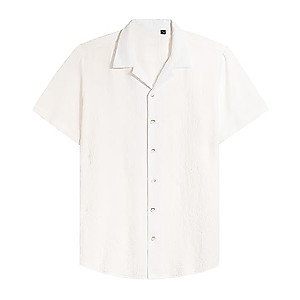 Alimens & Gentle Men's Seersucker Hawaiian Shirts Casual Short Sleeve Button Down Shirt for Men Summer Beach Shirt(White, Large)