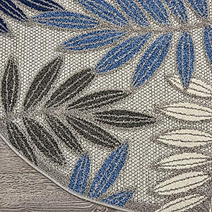 Nourison Aloha Indoor/Outdoor Grey/Blue 5'3" x Round Area Rug, Easy Cleaning, Non Shedding, Bed Room, Living Room, Dining Room, Backyard, Deck, Patio (5 Round)