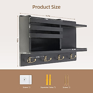 Key Holder Wall Mount, Solid Wood Key and Mail Organizer for Wall(Self Adhesive or Drill), 8 Hooks Key Rack for Entryway Hallway Bedroom Farmhouse Home Decor (Matte Black)