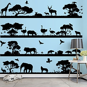 Black Jungle Animals Wall Decals Woodland Wild Animal Wall Stickers Removable Forest Animals Elephant Lion Birds Giraffe Trees Wall Decor for Kids Room Bedroom Living Room Nursery Classroom