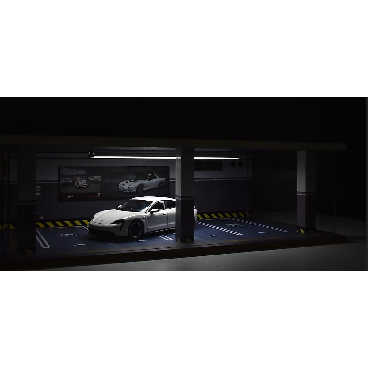Otypus 1/24 Scale Model Car Display Case with Light, 1 24 Diecast Cars Storage Cases in Parking Lot Scene, Acrylic Toy Garage for Alloy Car Models (Grey-8 Parking Place)