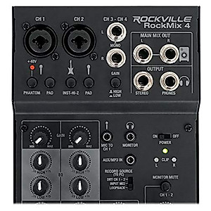 Rockville RockMix 4 Channel Mic/Instrument Pro Recording Mixer+USB Interface/EQ