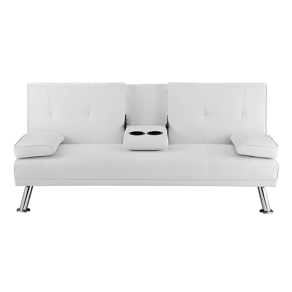 Naomi Home White Faux Leather Futon Sofa Bed, 3-Position Reclining Small Couch with Armrest, 2 Cupholders, 500 lbs Weight Capacity, Living Room