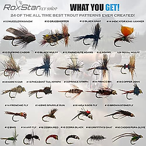 RoxStar Fly Shop Trophy Trout 24pk | Top Wet & Dry Flies for Trout. | Trout Flies Proven Nationwide to Catch Fish! | Tied in-House Never Outsourced! Fathers Day Gift Fly Fishing Gift