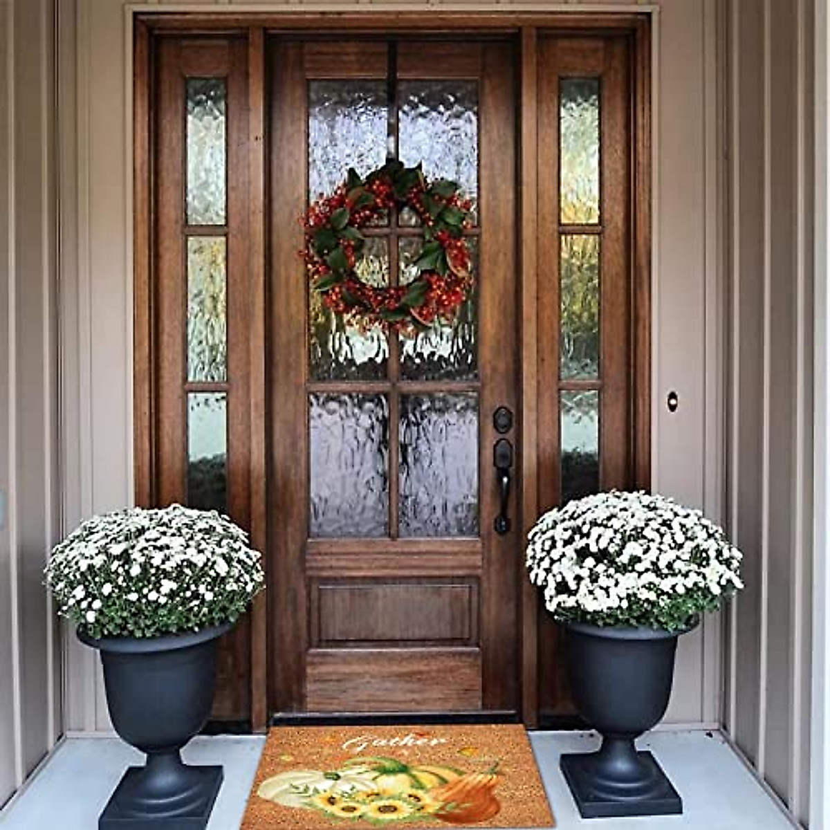 Fall Gather Coir Doormat Weather Resistant Door Mats Outdoor Funny Indoor Outdoor Welcome Front Entrance Doormat Autumn Pumpkin Sunflowers Fall Welcome Mat Front Door Entryway Mats 16x24in