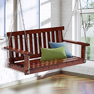 Wooden Porch Swings Outdoor Bench Swing 48inch, 2 Person Seating Hanging Porch Swing Solid Wood Patio Bench for Garden,Yard,Patio,Corrosion Resistant, Heavy Duty 800lb Weight for Adult (Brown)