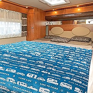 Blue Camping Throw Blanket Plush Soft Coral Fleece Blanket Retro Bus RV Car Camping Bedding Camp Life Live to Camp Happy Camper Blanket Fluffy Warm Camper Gifts for Women Couch Bed Sofa, 60 x 80 Inch