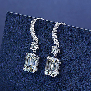 Sterling Silver Diamond Earrings for Women, Classic Emerald Cut 8Ct/Pair Lab Simulated Diamond Drop Earrings White Gold Plated Jewelry Gifts for Her Birthday Mothers Day Christmas Gift