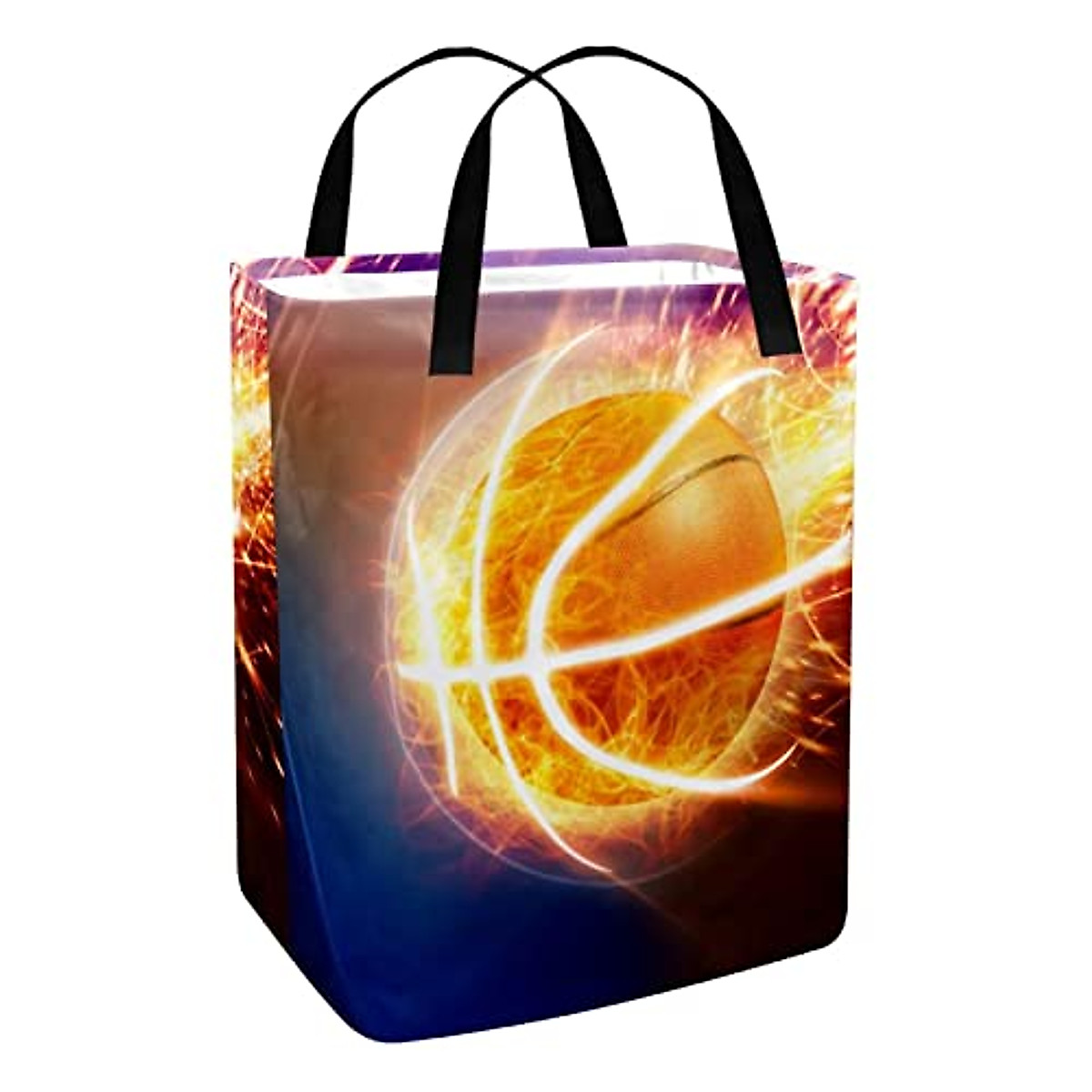 Burning Basketball Glowing Lights Print Collapsible Laundry Hamper, 60L Waterproof Laundry Baskets Washing Bin Clothes Toys Storage for Dorm Bathroom Bedroom
