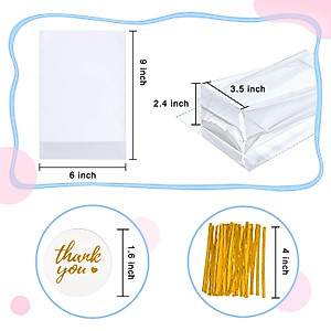 Cherodada 6"x 9" 100 Pcs Clear Cellophane Treat Bags with Thank You Stickers and Twist Ties, Bottom Gusset Bags Gift Bags for Small Party Favor Packaging, Small Gift Wrapping, Food Storage