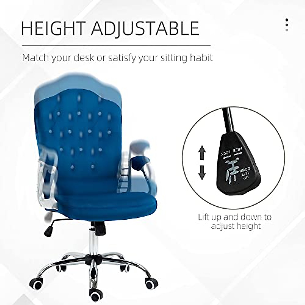 Vinsetto Home Office Chair, Velvet Computer Chair, Button Tufted Desk Chair with Swivel Wheels, Adjustable Height, and Tilt Function, Blue