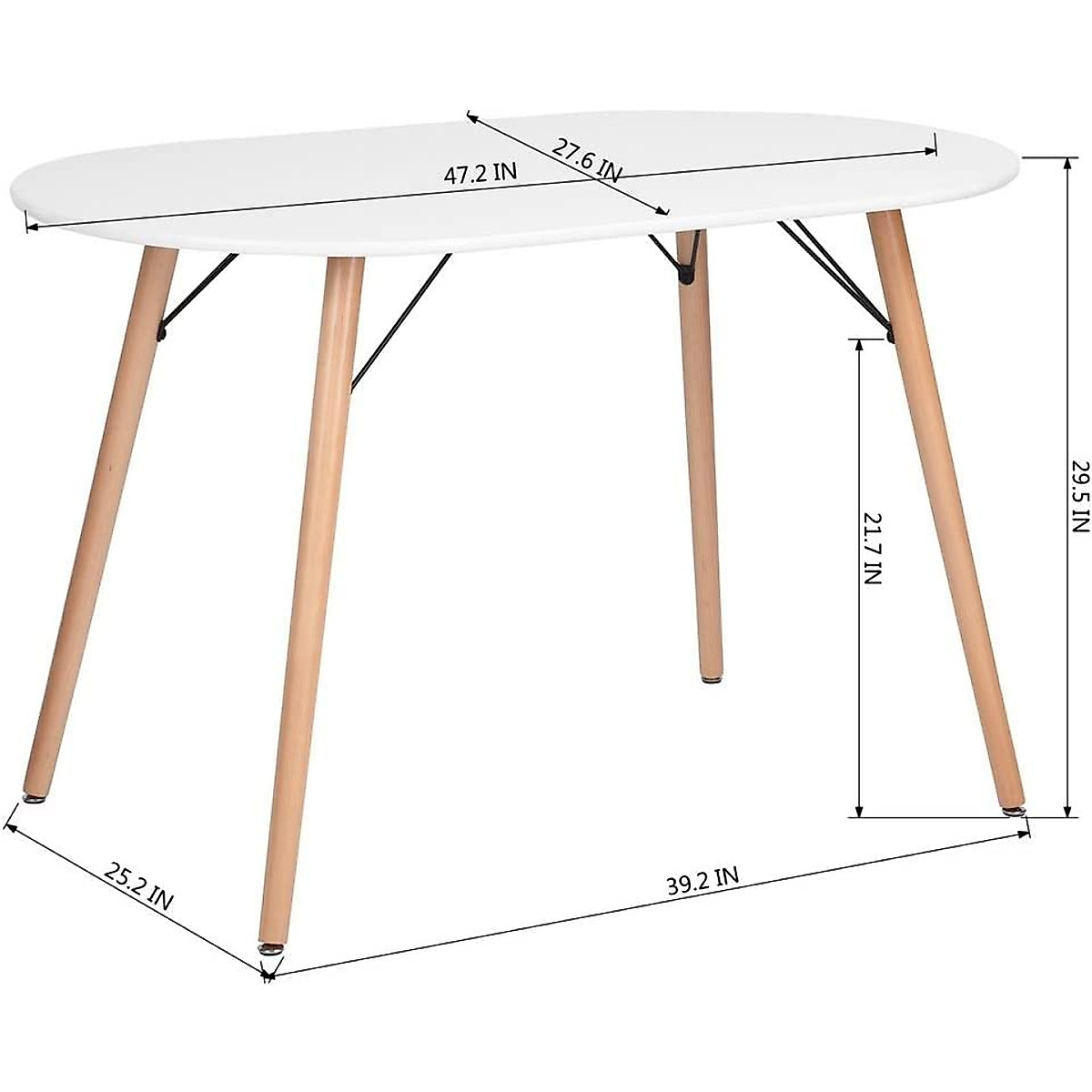 FurnitureR 47.2 Inch Dining Table Minimalist Style Oval Side Desk with Beech Wood Square Legs for Home Kitchen Living Room Corner Small Spaces, White