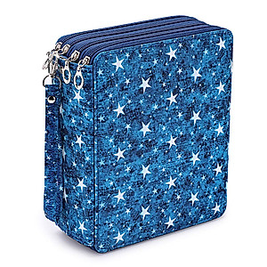 BTSKY Colored Pencil Case- 160 Slots Pencil Holder Pen Bag Large Capacity Pencil Organizer with Handle Strap Handy Colored Pencil Box with Printing Pattern Blue Star