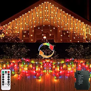 Outdoor Christmas Icicle Lights 10Ft Green Wire Battery Color Changing Fairy Icicle Lights 102LED with 18 Drops Timer Waterproof Dimmable Christmas Decor for Eaves Roof (Warm White & Multi-color)