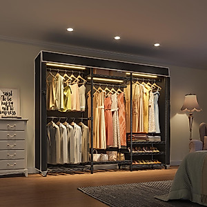 VIPEK V5L Garment Rack Heavy Duty Covered Clothes Rack with Dimmable LED Lights, 3000K Warm White, Portable Closet Wardrobe Freestanding Clothing Rack for Hanging Clothes, Black Rack with Black Cover