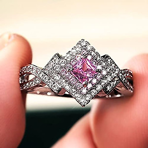 SCHZBSP 18K White Gold Plated Cross-Wound Pink Crystal Diamond Ring Pavé Exquisite Cubic Zirconia Ring Fashion Lady CZ Diamond Engagement Wedding Ring Jewelry Gift (10)