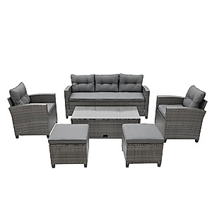 Clihome 6pcs Patio Sofa Set Outdoor PE Rattan Sectional Set with Cushions Lounge Chaise and Coffee Table Wicker Patio Furniture for Patio Backyard Garden Poolside