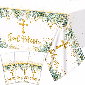 3Pcs God Bless Baptism Tablecloth First Communion Holy Tablecloth Decorations Mi Bautizo Christening Table Cover Disposable Tablecloths for Boys Girls Newborn Baby Shower Party Supplies 54 x 108 inch