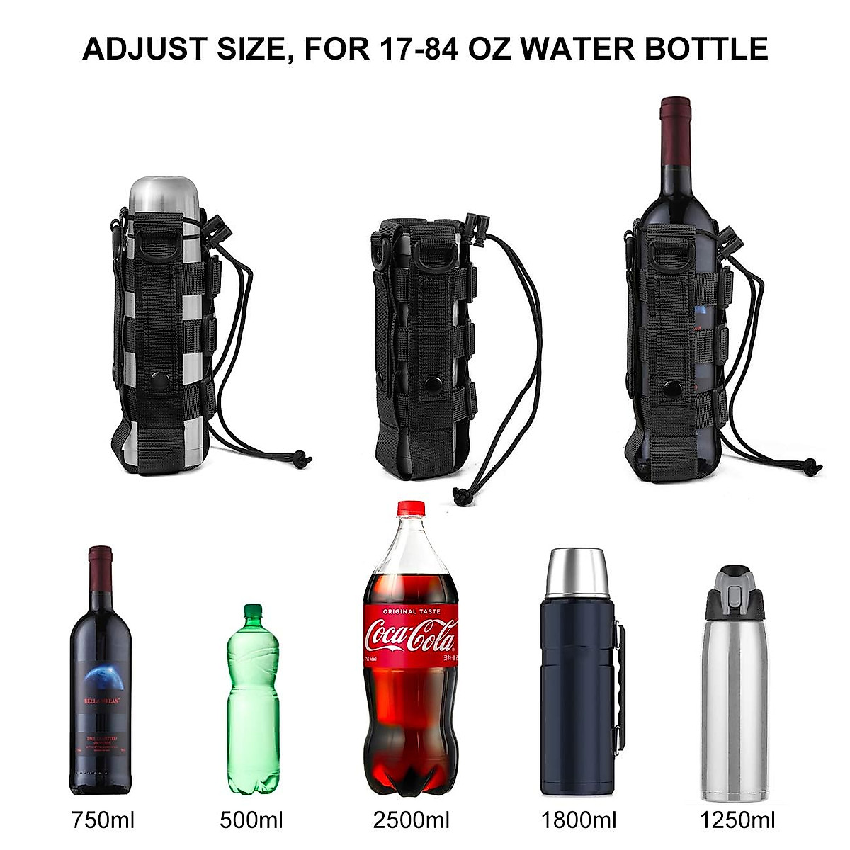 WICHEMI MOLLE Water Bottle Pouch Minimalist Adjustable Straps Tactical Water Bottle Holder Kettle Pouch Belt Bottle Carrier Bag for 17-84 Oz Water Bottle (Black)