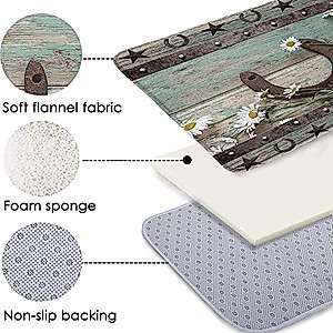 JONSEQIN 4 Piece Farmhouse Daisy Shower Curtain Set Rustic Teal Wooden Board Floral Texas Star Horseshoe Western Farm Bathtub Curtain with Bathroom Carpet Bath Mat Toilet Rugs