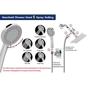 NearMoon Filtered Shower Head, High Pressure 8″Square, 5 settings Handheld Rain Shower Filter Combo with Self-adhesive Holder/1.5M Hose -1 Replaceable Filter Cartridge (Chrome Finish)