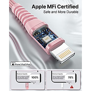 Long iPhone Charger 10 ft 2Pack, (Apple Certified) Lightning Cable 10 Foot Nylon Braided Fast Charging Extra Long 10ft iPhone Cord Compatible with iPhone 13 12 11 XS XR 10 8 7 6 Plus - Pink
