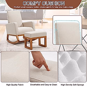 YOLENY Rocking Chair with Footstool, Upholstered Nursery Glider Rocker, Modern Accent Rocking Lounge Chair, Comfy High Back, Linen Armchair,Beige