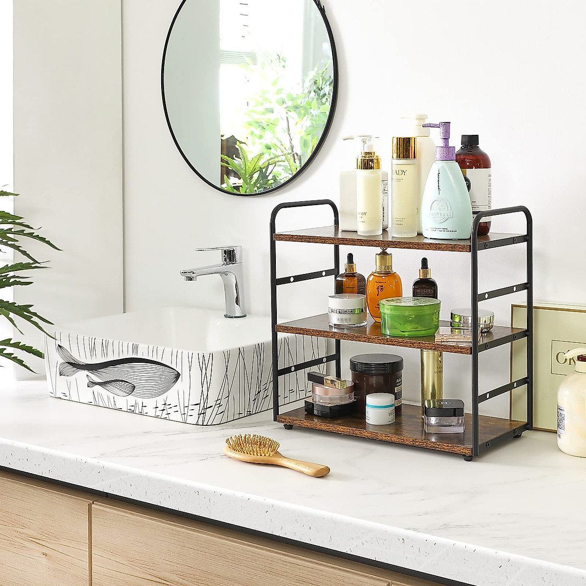 IBUYKE 3-Tier Bathroom Counter Organizer, Tray Countertop Storage Shelf, Kitchen Spice Rack Standing, Counter Standing Rack Cosmetic Holder, Rustic Brown TWJ001H