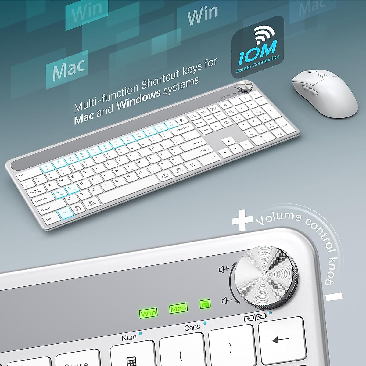 J JOYACCESS Wireless Keyboard and Mouse, Portable Wireless Keyboard,Ergonomic Keyboard Mouse Combo,Designed with Volume Knob and Numeric Keypad, Compatible with Most OS/PC/Window/Mac-Silver White